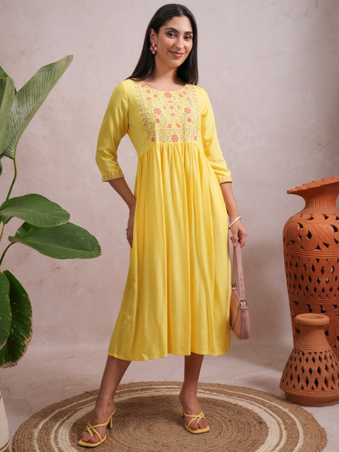 Women Yellow Embroidered A-Line Dress – Anokhi.mu